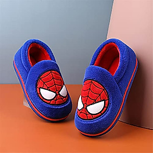Toddler Little Kids Warm Plush Slippers with Spider Boys House Indoor Shoes Blue, 1.5 Big Kid