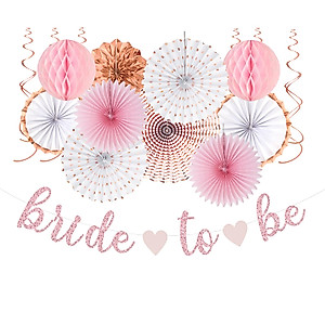 Pink Rose-Gold Bridal-Shower Party-Decorations Streamers - 17pcs Kits Bride To Be Banner Garland,Bachelorette Wedding Paper Tissue Pom Poms Fan,Honeycomb Lanterns Decor Panduola