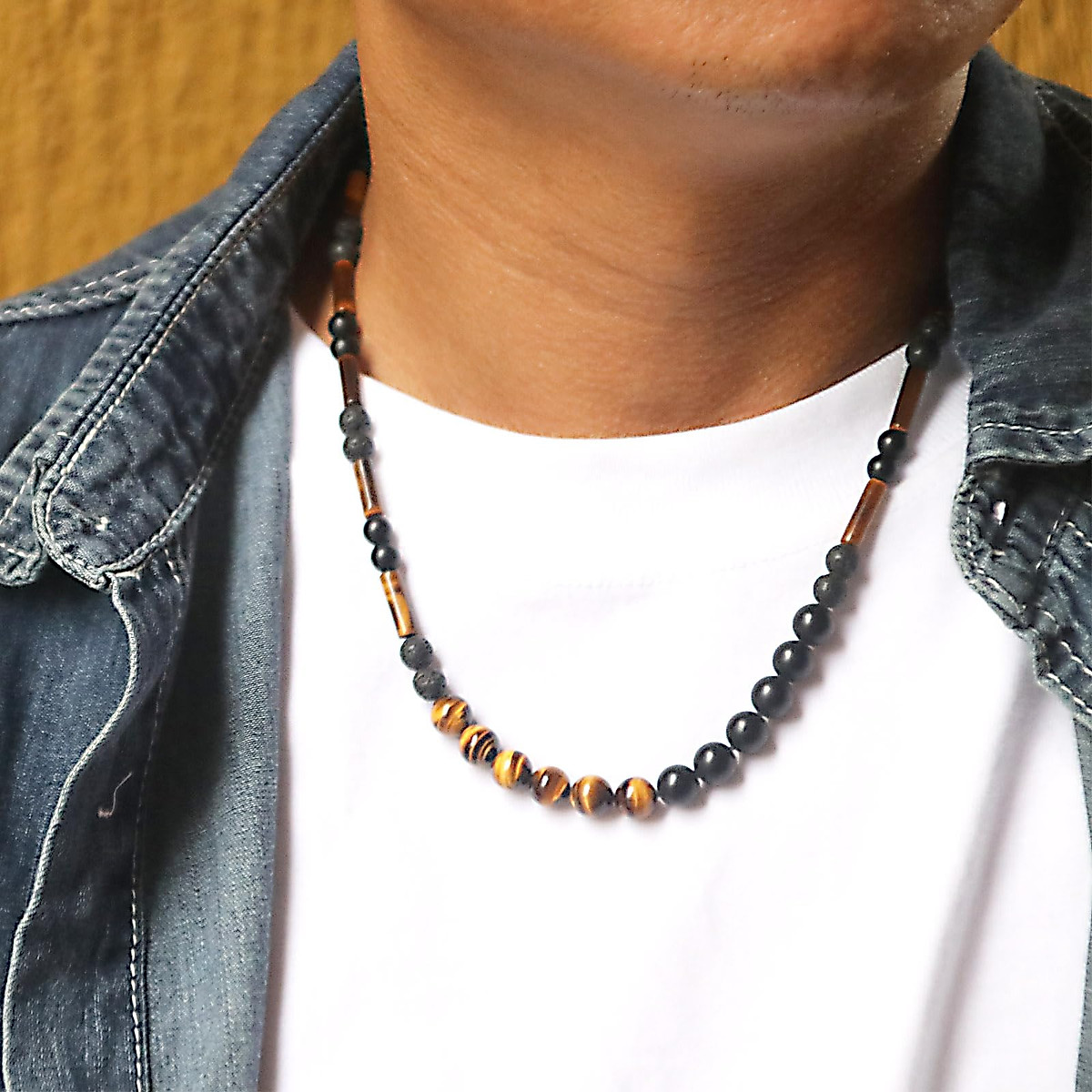 Tigers Eye Beaded Necklace for Men - Black Onyx Lava Rock Beads Necklace for Essential Oil Diffuser, Mens Protection Stone Beads Necklaces Spiritual Jewelry Birthday Gifts for Husband and Boyfriend