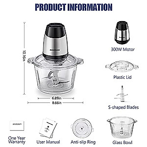 Electric Food Chopper, 8-Cup Food Processor by Homeleader, 2L Glass Bowl Grinder for Meat, Vegetables, Fruits and Nuts, Stainless Steel Motor Unit and 4 Sharp Blades, 300W