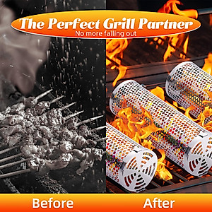 Grill Basket - Outdoor Rolling BBQ Basket - 2 Pcs Stainless Steel Grill Mesh, Rolling Grill Baskets for Outdoor Grill, Portable Grill Accessories for Outdoor Grill - Grilling Gifts for Men Dad Husband Him