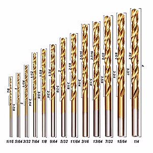 KIK Drill Bit Set- 13Pcs Titanium Coating High Speed Steel Twist Jobber Length for Wood Plastic Aluminum Alloy with Indexed Storage Case, 1/16"-1/4"