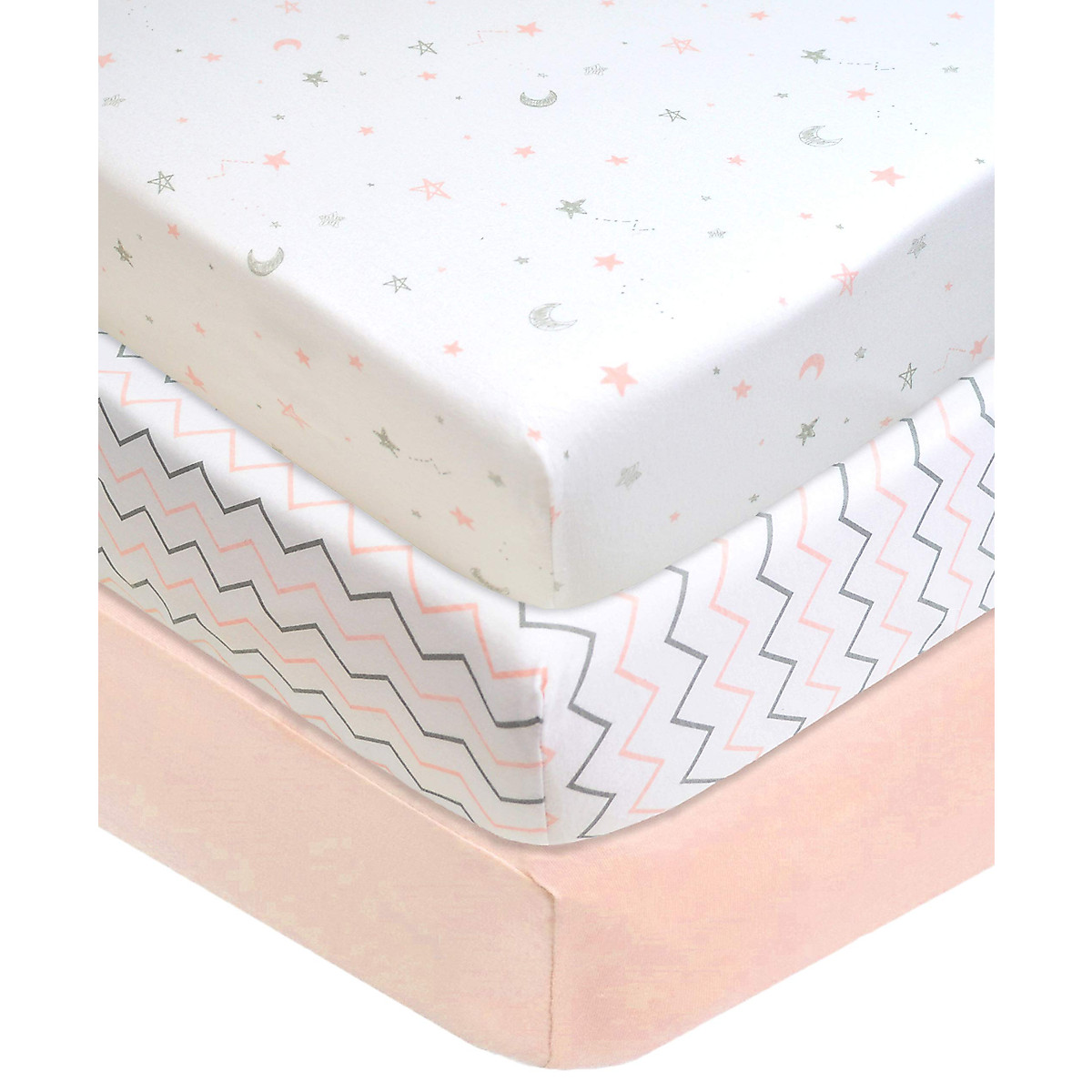 American Baby Company 3 Pack Fitted Pack N Play Playard Sheet 27" x 39", Soft Breathable Neutral 100% Cotton Jersey Pack and Play Sheet, Pink Star/Zigzag, for Boys and Girls, Fits Most Mini Crib