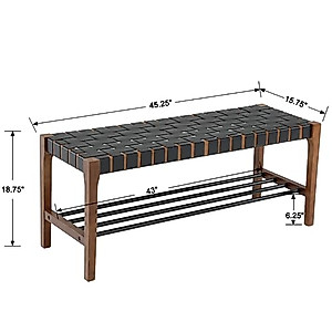 Janoray Solid Wood Bench, Modern 45" Long Dining Bench with Faux Leather Woven Strips & Metal Shelf Comfy Seat for Entryway/Dning Room/Bedroom, Black