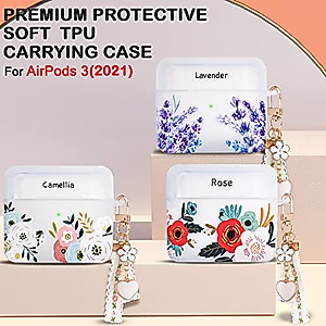 Purple Lavender Case for Airpods 3rd Generation (2021) Cover Clear for Women Girls with Flower Floral Pattern & Cute Love Heart Keychain Skin Soft Silicone Shockproof Protective Cover