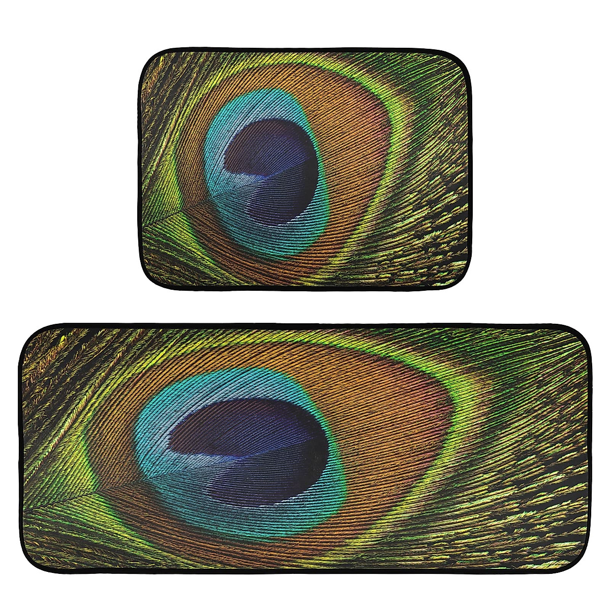 ALAZA Beautiful Peacock Feather 2 Piece Kitchen Rug Floor Mat Set Runner Rugs Non-Slip for Kitchen Laundry Office 20" x 28" + 20" x 48"