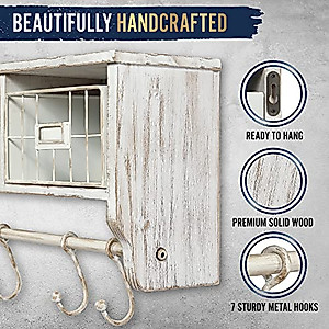HBCY Creations Wall Mounted Shelf with Coat Hooks and Baskets, Solid Wood Entryway Organizer Wall Shelf with Hooks - Hang Coats, Keys or Coffee Mugs, Rustic Brown 24" Wide