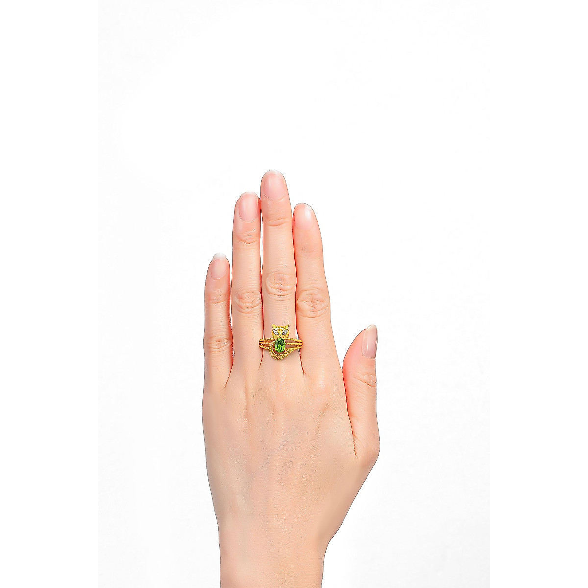 Rylos Rings for Women 14K Gold Plated Silver CAT Ring 7X5MM Oval Gemstone & Sparkling Diamonds August Peridot Jewelry Size 8