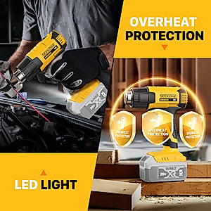 SEEKONE Cordless Heat Gun for Dewalt 20V Battery, Dual Temperature Settings 572℉ and 1022℉ Fast Heating Hot Air Gun with 3 Nozzles for Shrink Tubing, Vinyl Wrap, Crafting, Electronics (No Battery)