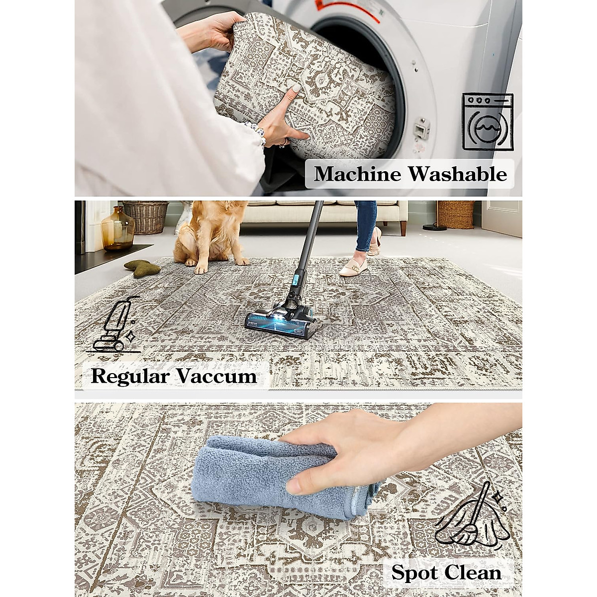 Lahome Boho Washable 3x5 Rug Entryway Rug, Bohemian Soft Small Rugs for Bathroom Bedroom, Beige Kitchen Rugs Non-Slip Non-Shedding, Low-Pile Indoor Floor Carpet for Bedside Dorm