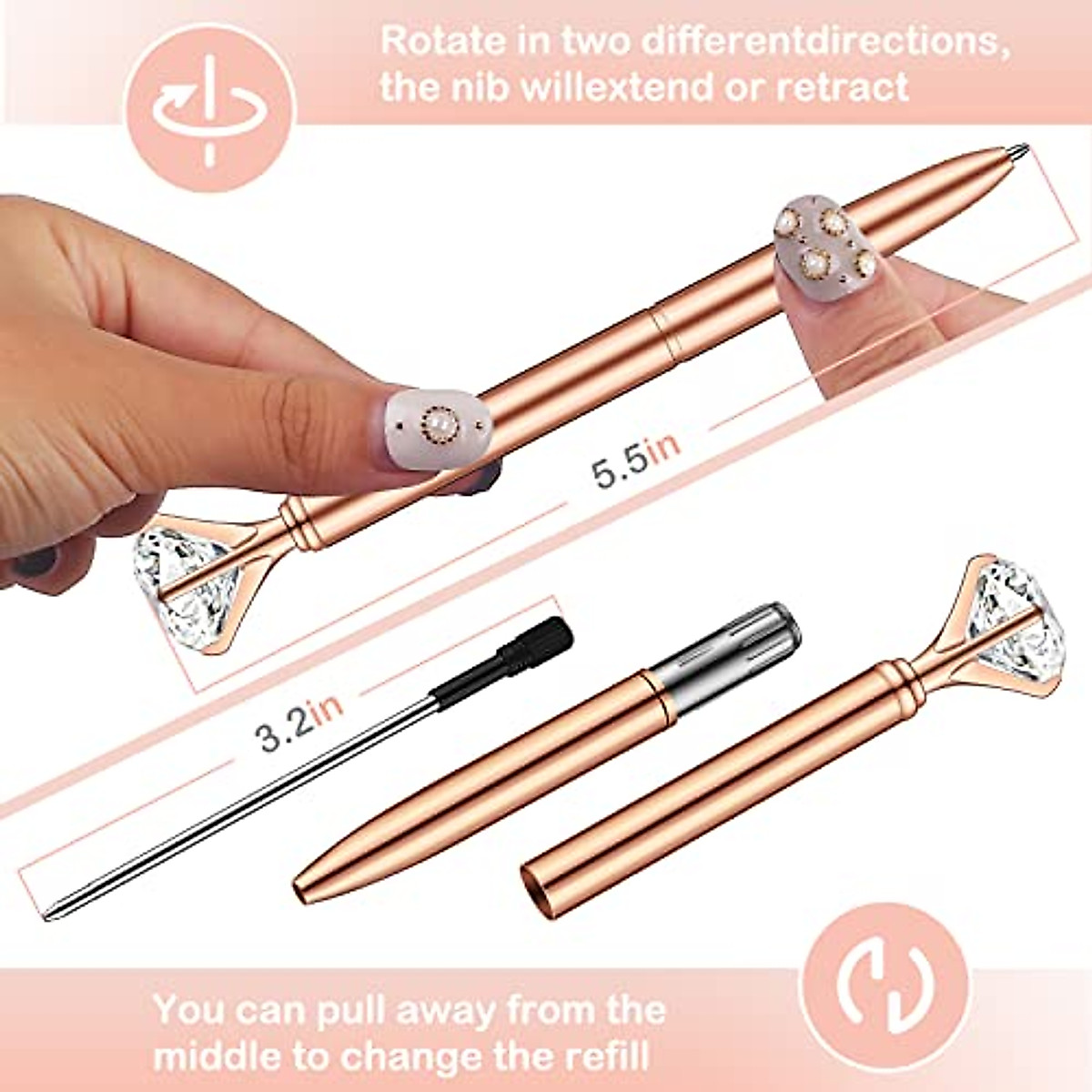 PASISIBICK 20 Rose Gold Diamond Pens Bling Diamond Gem Pen Décor Gifts for Women Bridesmaid Coworkers Bulk Crystal Metal Ballpoint Pens Black Ink(Rose Gold)