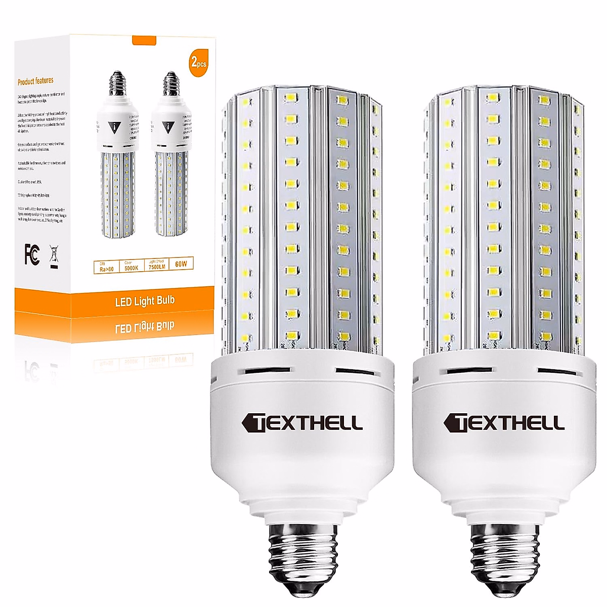 TEXTHELL LED Light Bulb 500W Equivalent 7500 Lumen Led Corn Light Bulb,2 Pack 5000K Daylight White E26 LED Bulbs for Large Area Lighting Wide Application for Warehouse