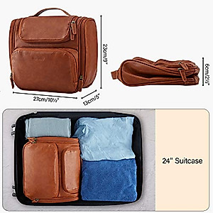BAGSMART Hanging Toiletry Bag, Water-resistant Leather Dopp Kit, Large Travel Organizer for Full Sized Container, Brown