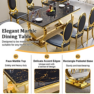Maotifeys 70" Black Marble Dining Table, Rectangle Marble Top Dining Table for 6-8 Person, Gold U-Shape Stainless Steel Pedestal Dining Table, Mid Century Modern Dining Table for Dining Room Kitchen