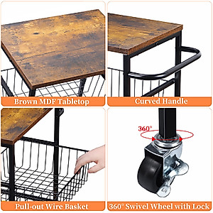 Kitchen Storage Cart on Wheels 4 Tier Rolling Storage Cart with Mesh Wire Basket and Handle Utility Storage Trolley Serving Cart with Wooden Tabletop for Small Space Dining Room Bathroom Rutic Brown
