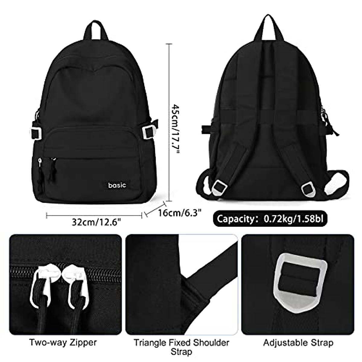 WEPOET Waterproof Simple Black Backpack For School,Lightweight Middle School Bookbag For Women Men,Aesthetic College Backpack,Casual Daypack Teens Girls Boys