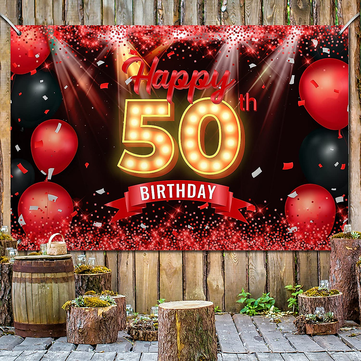 Happy 50th Birthday Banner Backdrop Red and Black 50 Years Old Background Bday Decorations for Women Men Photography Party Supplies Glitter