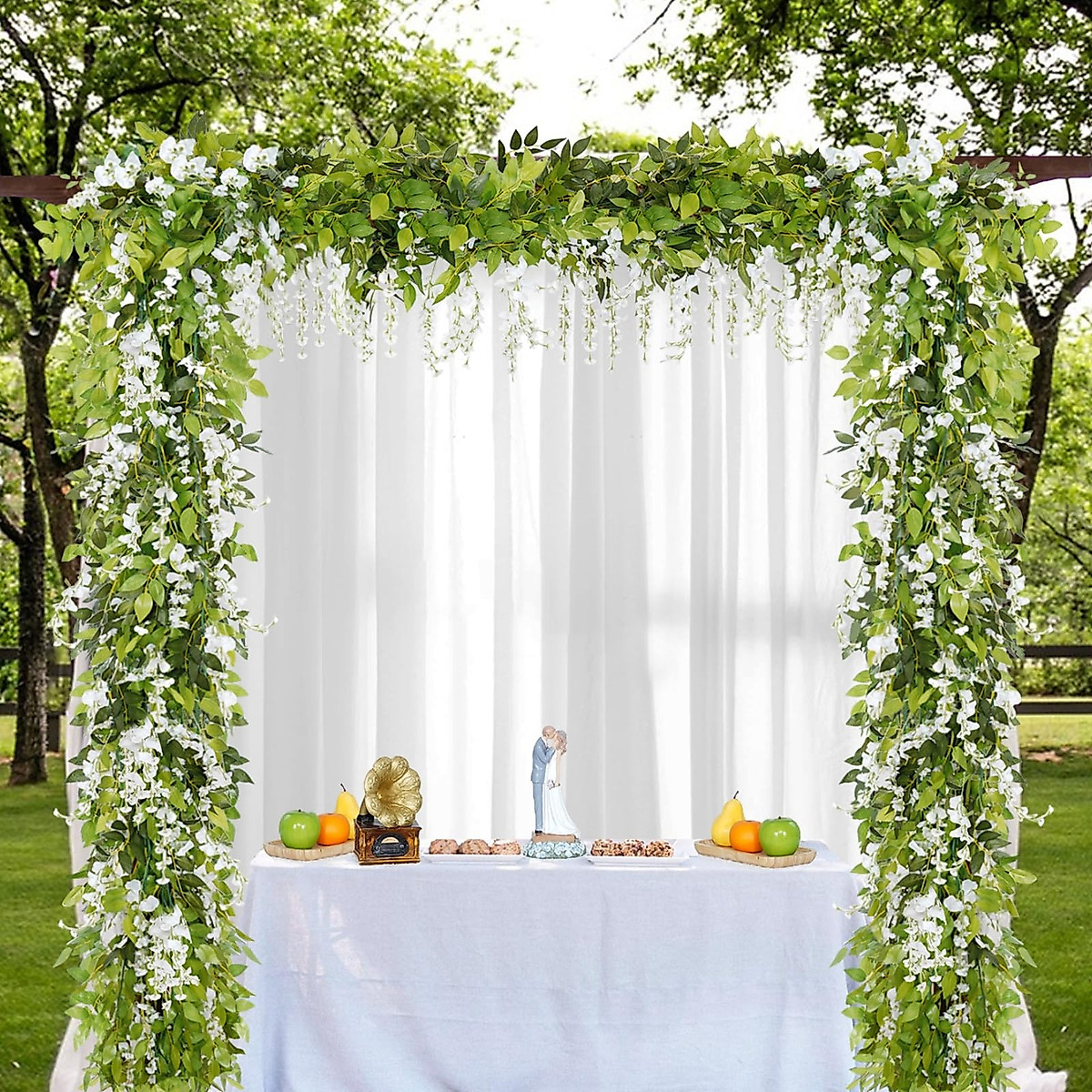 Dolicer Wisteria Artificial Flower Garland 4Pcs Total 24Ft, Artificial Wisteria Garland, White Wisteria Flower Vines, Silk Wisteria Hanging Flowers for Wedding Arch Outdoor Ceremony Garden Porch Decor