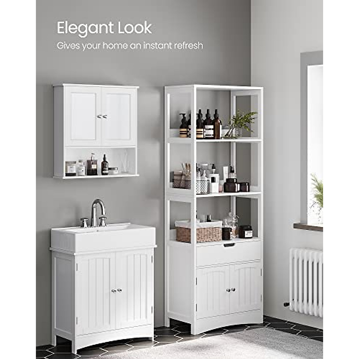 VASAGLE Bathroom Storage Cabinet, Freestanding Linen Tower, Tall Bookcase with 3 Open Shelves, 1 Large Drawer, 12.8 x 23.6 x 60.6 Inches, for Entryway, Kitchen, Study, White UBBC67WT