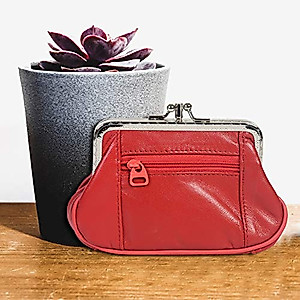Women's Leather Metal Frame Double Clasp Zipper Coin Purse 5 1/4" x 3 1/4" (Red)