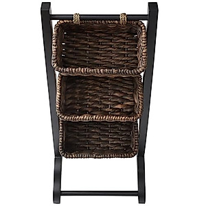 Casafield 3-Tier Floor Stand with Water Hyacinth Storage Baskets, Black/Espresso - Standing Organizer Rack for Bathroom, Kitchen, Laundry, Living Room