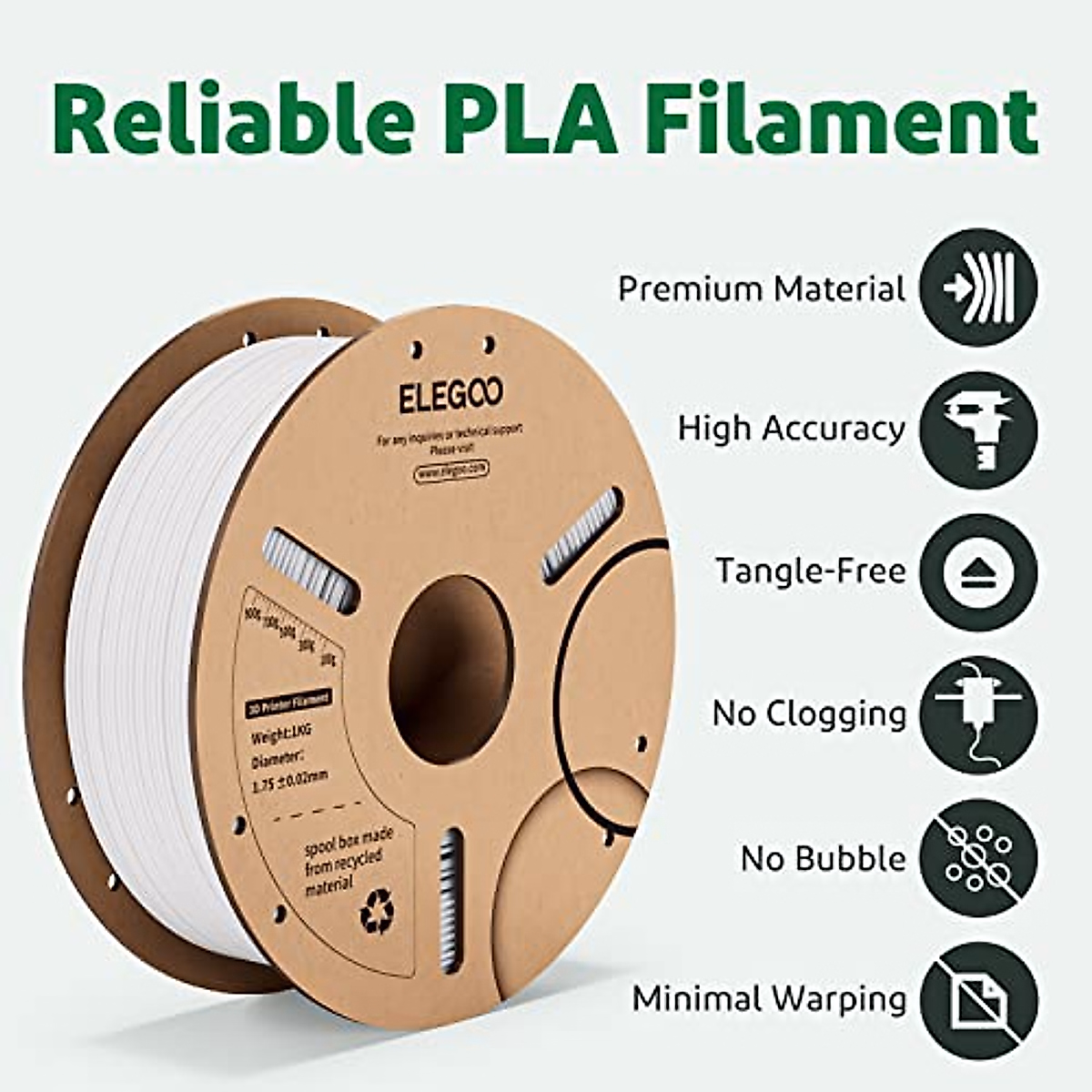 ELEGOO PLA Filament 1.75mm White 1kg Spool, 3D Printer Filament Dimensional Accuracy +/- 0.02mm 2.2lbs Neat Roll Fits for Most FDM 3D Printers