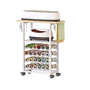 RJOKMT Rolling Craft Storage Cart with Crafting Table Organization Workstation - Compact Removable Design, Craft Storage and Organization Solution with 24 Vinyl Roll Holders (White, 29.3" H)