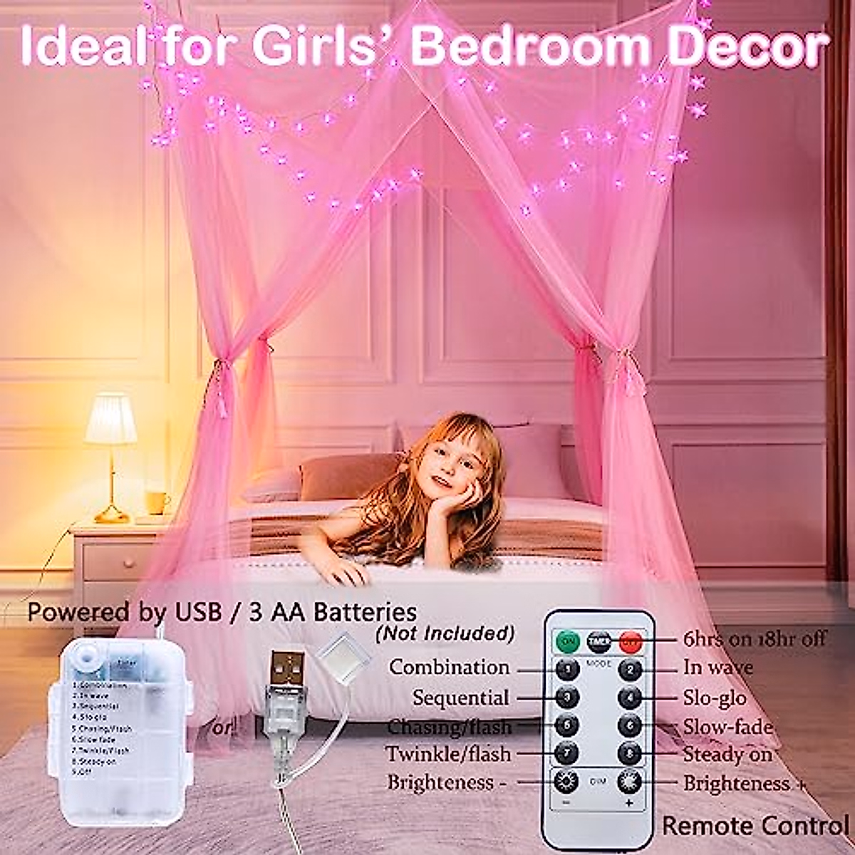Pink Bed Canopy with Lights for Girls, 8 Corners Post Canopy Bed Curtain with Pink LED Star Lights Remote Control for Girls Bedroom, Hanging Princess Canopy for Twin Full Queen King Bed