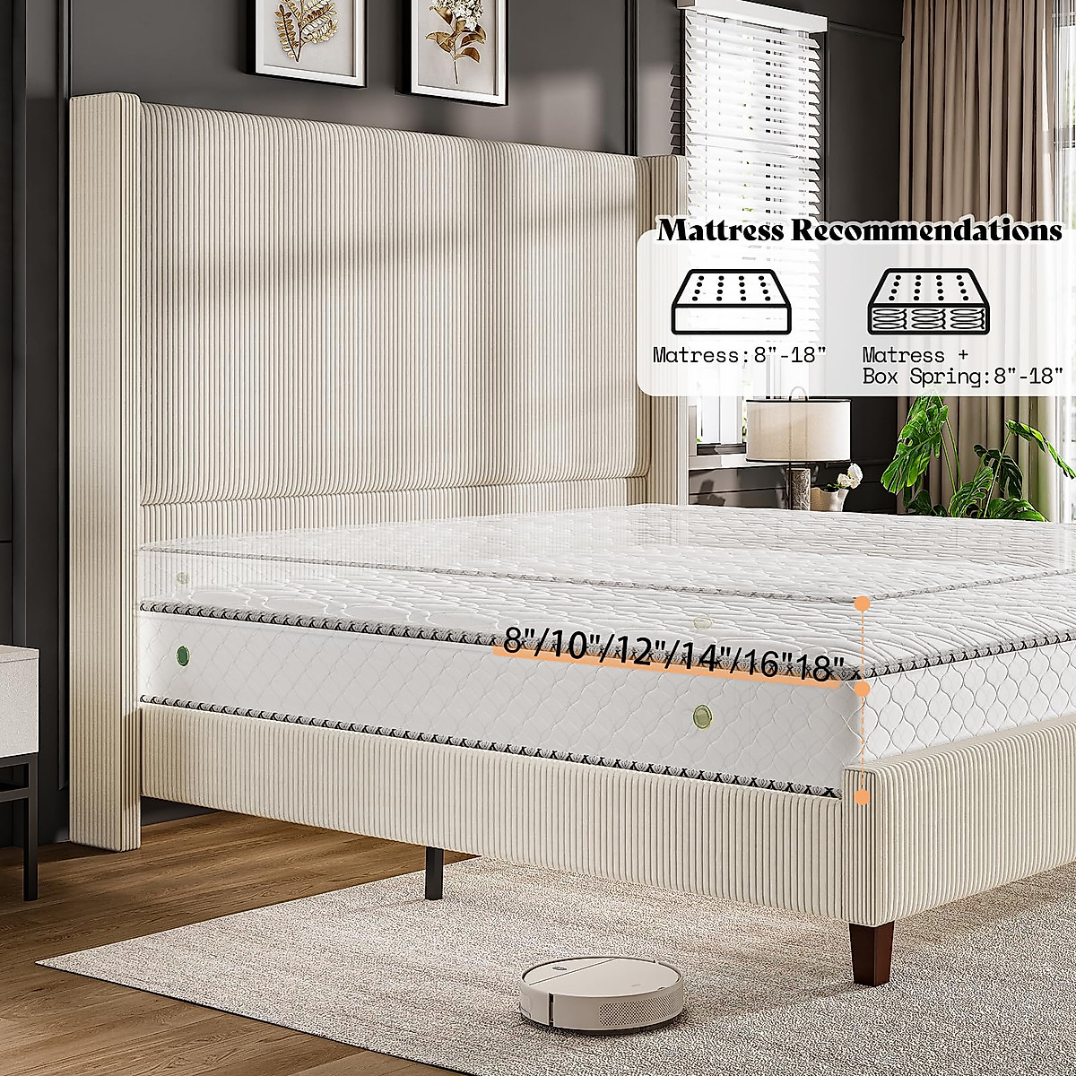 AMERLIFE King Size 62" Corduroy Upholstered Bed Frame, Luxurious Platform Bed with Extra Tall Wingback Headboard and Vertical Stripe, No Box Spring Needed/Solid Wood Slats & Legs/Cream