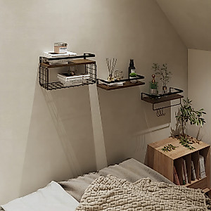 WXCGX Floating Shelves, Rustic Floating Shelves Wood Over Toilet with Paper Storage Basket, Farmhouse Wall Mounted Shelves Floating Shelf for Bathroom Bedroom Wall Decor Living Room Kitchen (3-Brown)