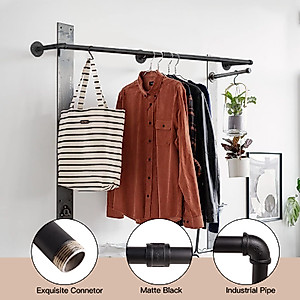 Varsoul Clothes Hanger Pole Wall Mount, 72" Heavy Duty Detachable Black Iron Garment Bar Hanging Rod Holder, Clothes Rail Shelf Wardrobe Organizer for Laundry Room & Closet Storage, 3 Base