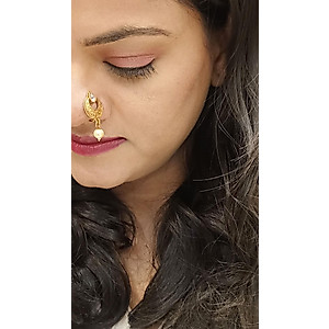 Efulgenz Indian Jewelry Kundan Crystal Nose Ring Hoop Pin Stud Fake Septum Ring with Chain Nose to Ear Chain Non Piercing Body Jewelry (Style 2)