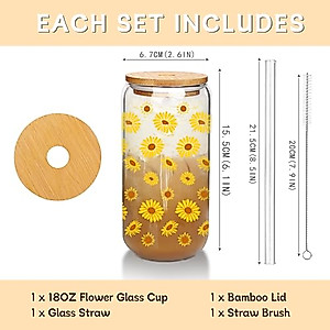 Sunflower Gifts for Women, Glass Cups with Lids and Straws, 18OZ Glass Cups, Drinking Glasses, Iced Coffee Glasses Cup, Smoothie Cups, Tumbler Glass, Reusable Cup Drinking Glasses -Set of 1
