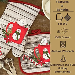Elrene Home Fashions Jolly Holiday Cocoa and Candy Cane Holiday Oven Mitt and Pot Holder Gift Set of 2, 100% Cotton