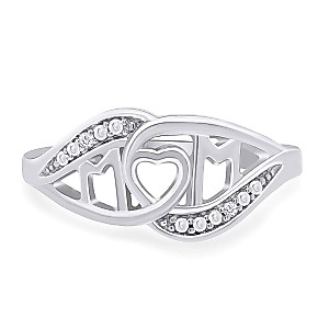 Round Cut White Natural Diamond Accent "MOM" Ring In 14k White Gold Over Sterling Silver Jewelry For Her Women (I-J Color, I2-I3 Clarity, 0.01 Cttw) Ring Size-6