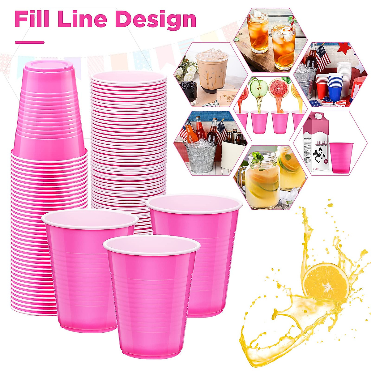 50 Count Party Cups 18 Ounce Disposable Plastic Cups for Wedding Birthday Party Beverage Drinking Water Cups for Indoor Outdoor Event Bachelorette Camping (Pink and White)