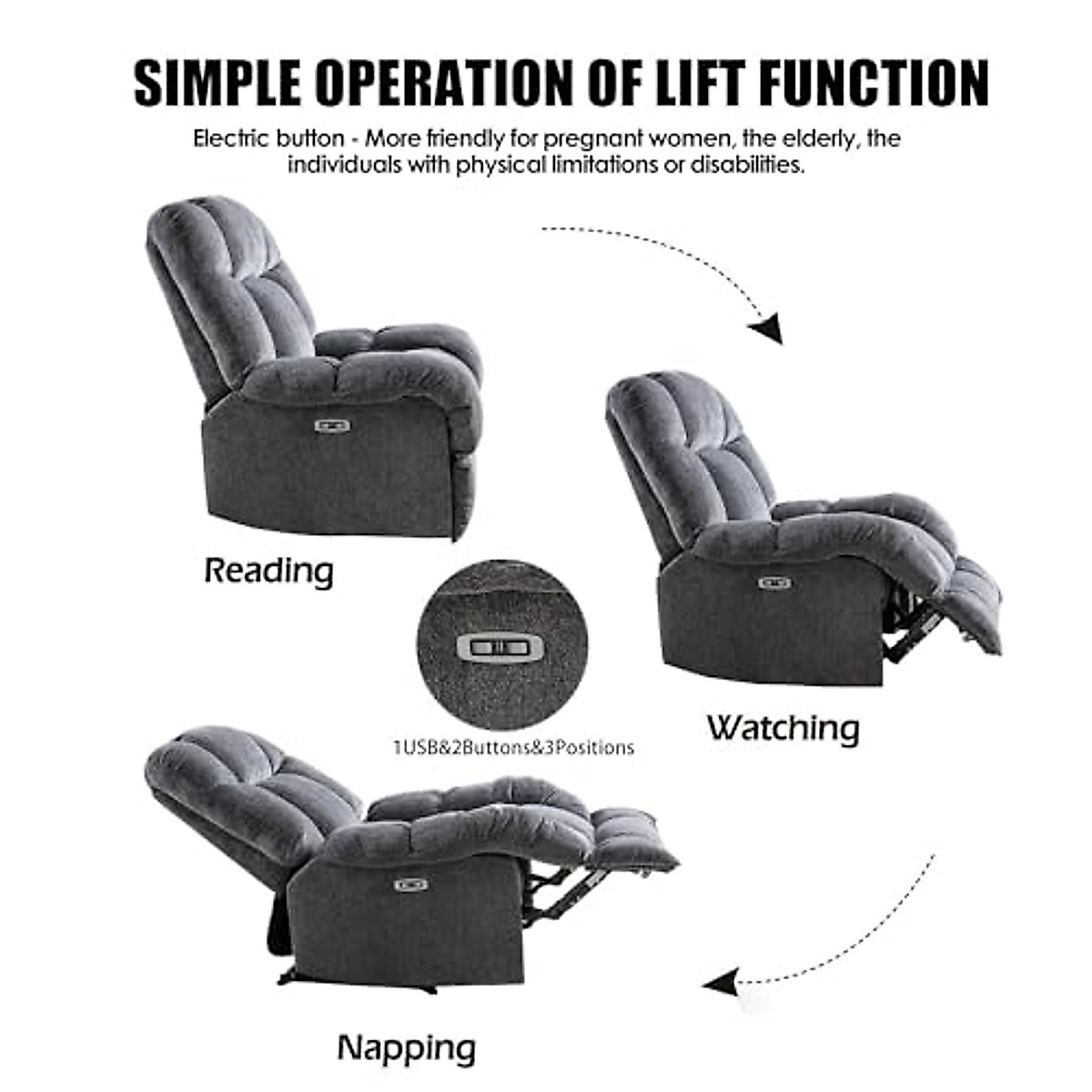 INZOY Electric Power Recliner Chair with USB Charge Port, Electric Reclining Recliner with Upholstered Seat, Overstuffed Single Sofa for Living Room Bedroom, Dark Grey