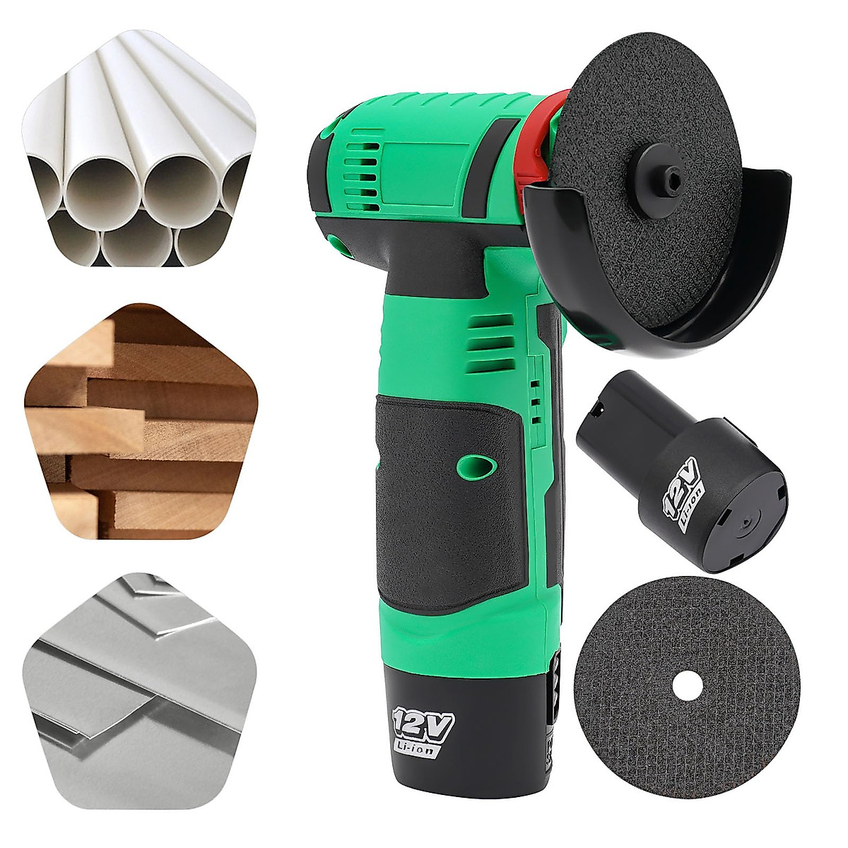 HuaShuani Cordless Angle Grinder, Rechargeable Electric Cutting Machine Angle Grinder, 12V Mini Portable Brushless 19500RMP, 2 Batteries, for Plastic/Pipe/Drywall Cutting and Grinding, Green