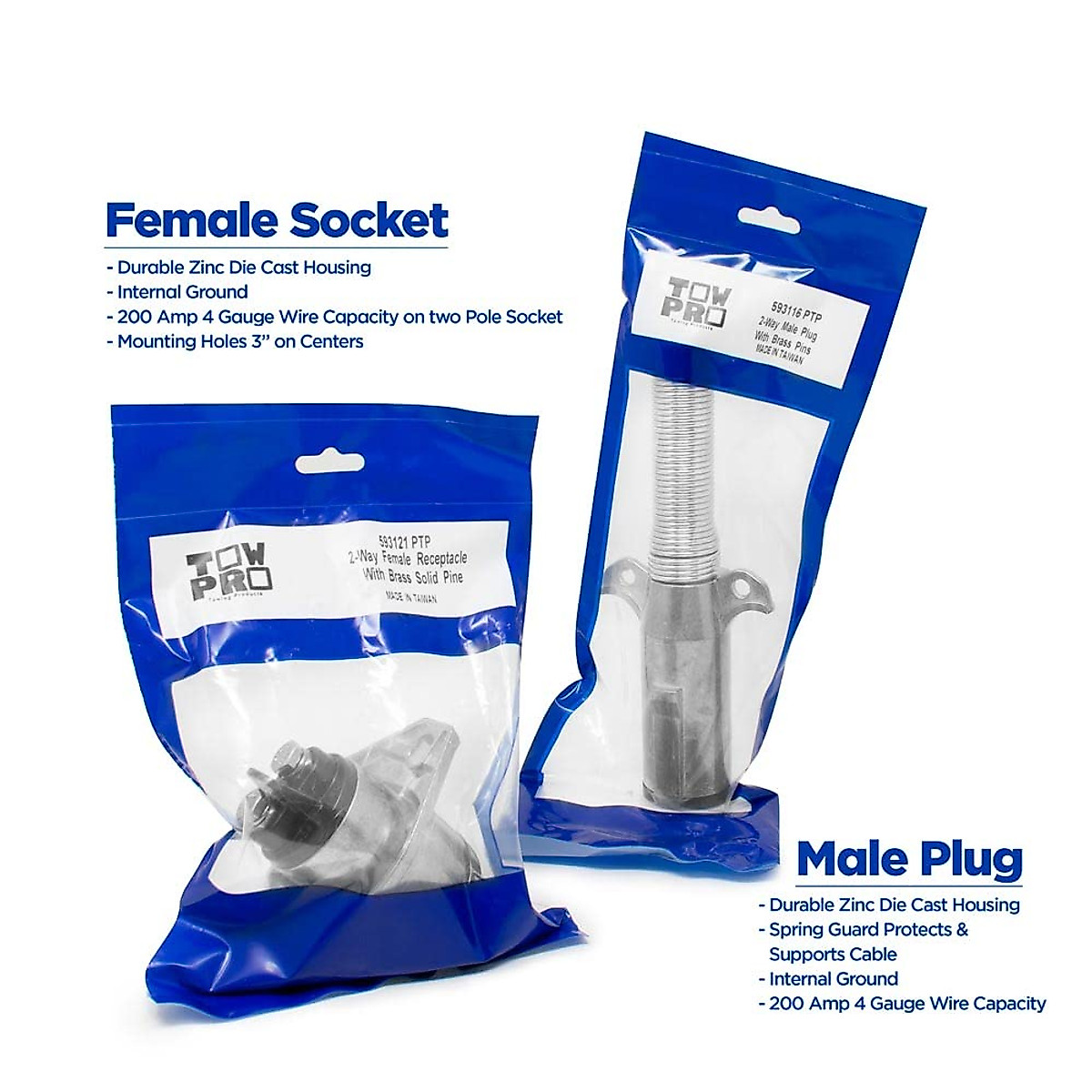 Pro Trucking Products 2 Way Wiring Connector Plug with Spring Guard, 200 Amp Capacity, 4 Gauge Cable and 2 Way Wiring Connector Socket, 200 Amp Capacity, 4 Gauge Cable