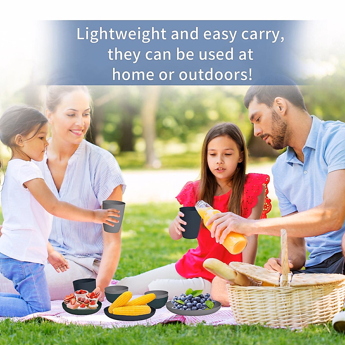 KEWOO Unbreakable Wheat Straw Dinnerware Sets of 4, 16Pcs Reusable Dinnerware Set，Lightweight Microwave Dishwasher Safe,Plates, Cups, Bowls for r Party, Picnic, Camping, Dorm (Blue)