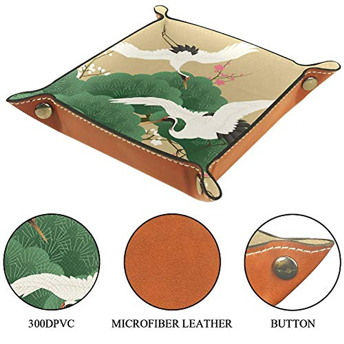 Lyetny Japanese Crane Birds Organizer Tray Storage Box Bedside Caddy for Men Key Wallet Watch and Coins Dice Holder,20.5x20.5cm