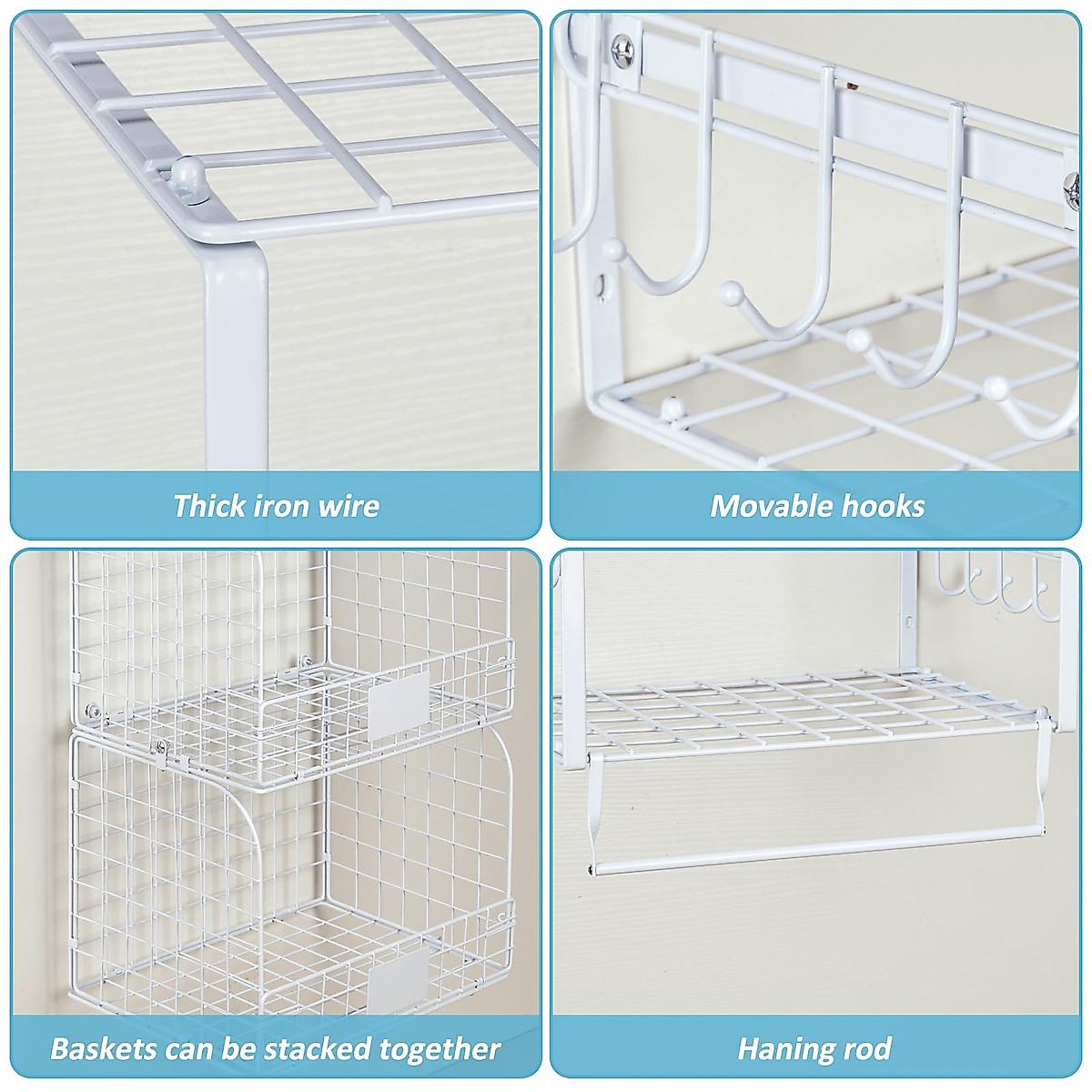 ThreeHio 3 Pack Laundry Room Shelves Wall Mounted with Wire Storage Baskets, Over Washer and Dryer shelves with Hanging Rods and Hooks, Wire Wall Shelves Baskets for Laundry Organization and Storage