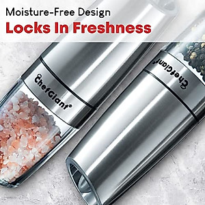 ChefGiant Electric Salt and Pepper Grinder - Automatic Gravity Activated Operation with LED Light | Adjustable Coarseness | Batteries Included | Bonus Spoon & Brush - Stainless Steel