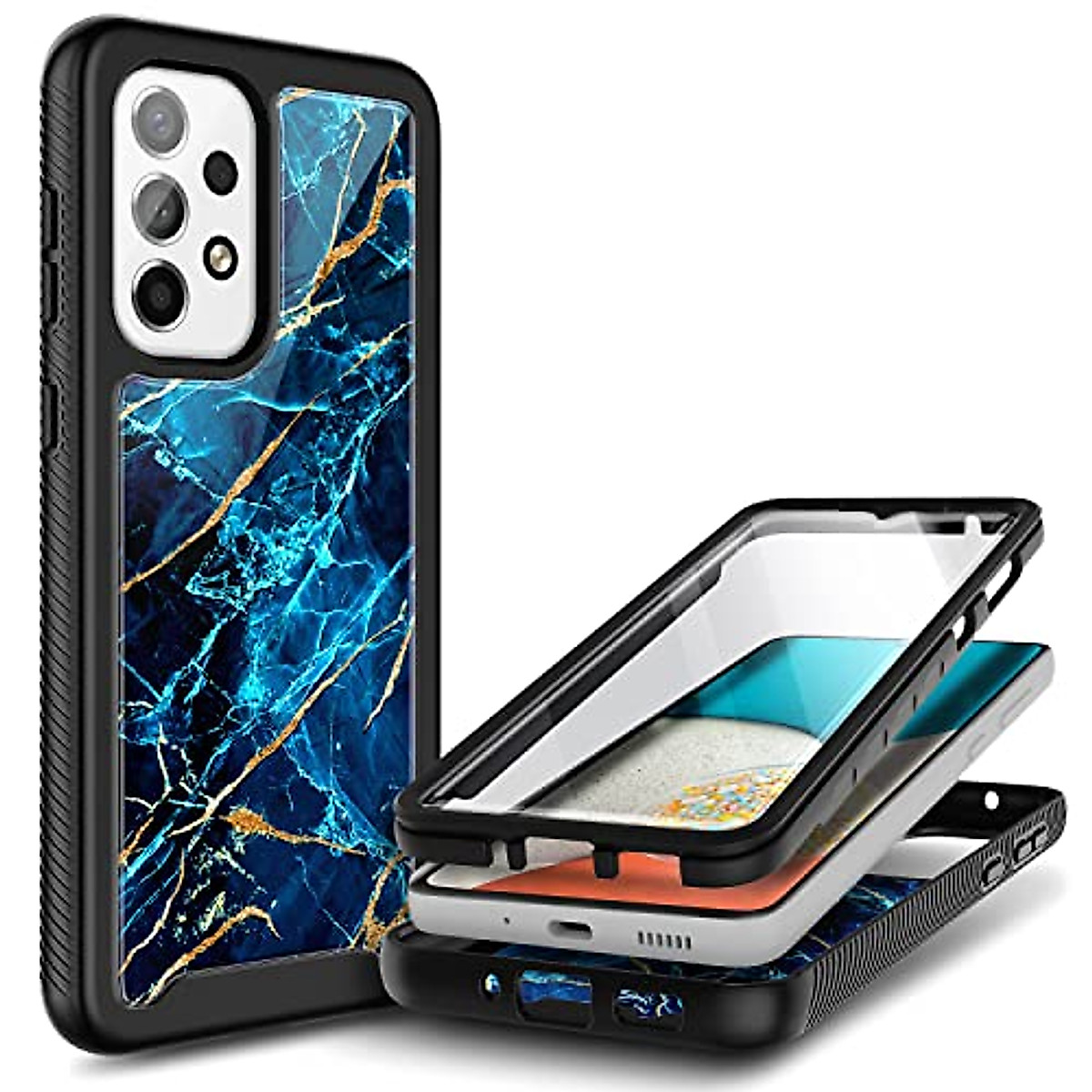 NZND Case for Samsung Galaxy A53 5G with [Built-in Screen Protector], Full-Body Protective Shockproof Rugged Bumper Cover, Impact Resist Durable Phone Case (Marble Design Sapphire)