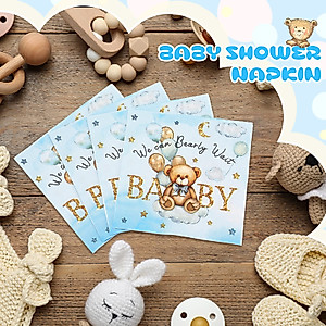 100 Pcs We Can Bearly Wait Baby Shower Napkins, Baby Shower Decorations for Boy, Bear Favors Napkins Cocktail Dessert Disposable Napkin Paper for Boy or Girl Gender Reveal Party Supplies (Blue Gold)