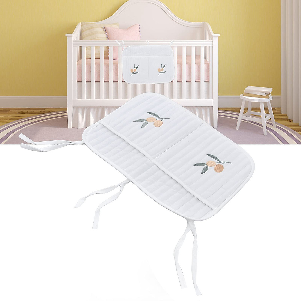 Eujgoov Crib 2 Pockets Organizer, Baby Bedside Hanging Storage Bag Soft Cotton Crib Bedside Organizer Hanging Bed Practical Storage Bag for Strollers Furniture(Olive Tuba)