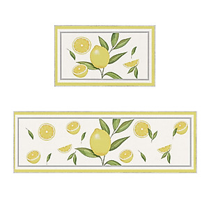 Kitchen Mat 2PCS Summer Yellow Lemon with Green Leaves Yellow Border Kitchen Rugs Kitchen Organization, Anti-Fatigue Kitchen Floor Mats Non-Slip Kitchen Decor Runner Rug Room Decor Standing Desk Mats