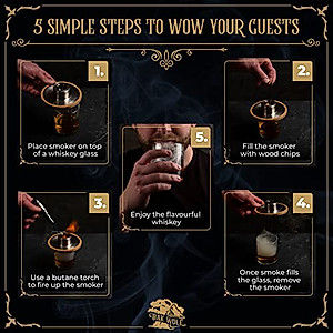 Oak Wolf Whiskey Smoker Kit With 4 Flavors of Wood Chips for Old Fashioned Cocktail Smoker - Stainless Steel Bourbon Smoker Kit Also Includes a Strainer & Brush - Bourbon & Whiskey Enthusiasts