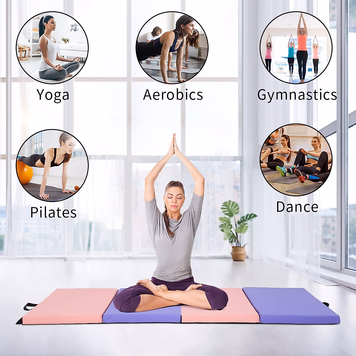 BLKMTY Gymnastics Mats for Tumbling 4'x6'x2" Gym Mats Folding Yoga Mat Lightweight Exercise Mat Thick Workout Mat for Home Aerobics Panel Mat Fitnees Gymnastics Tumbling Mat W/Carrying Handles