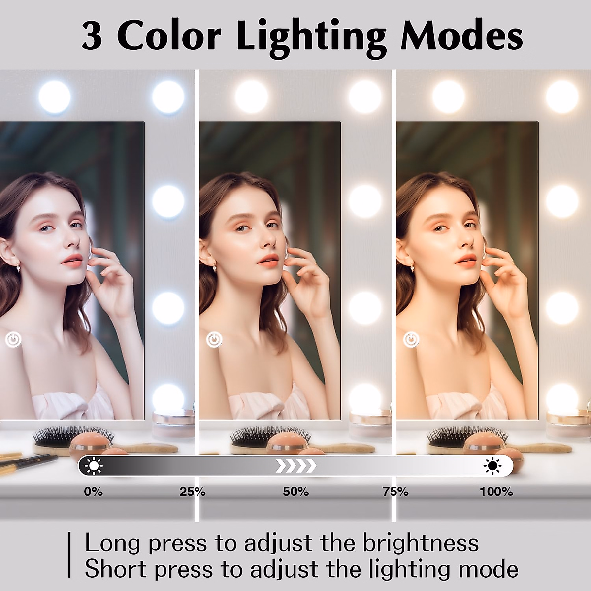 MECHYIN Vanity Desk, Make up Vanity Desk with Mirror and Lights, Vanity with Power Outlet and Stool, 3 Drawer 3 cabinets Storage Unit Dresser, Vanity with Lights 3 Models Settings for Bedroom (White)